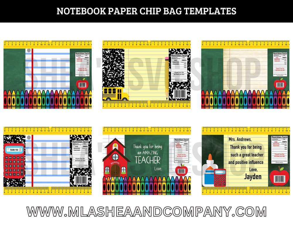 Notebook Paper Teacher Chip Bag Templates – M LaShea & Company
